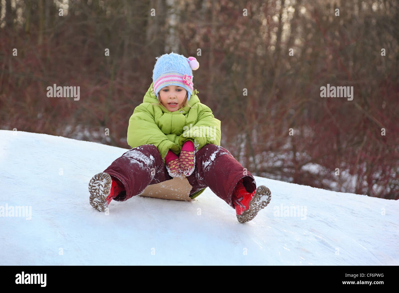 Girl go downward from hill on the piece of cardboard Stock Photo - Alamy
