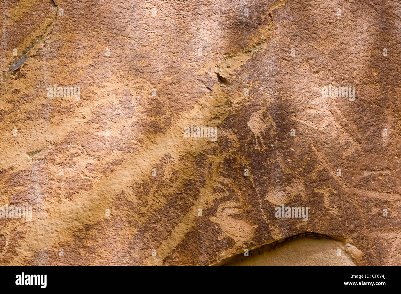 Petroglyph or rock art carvings of Native Americans on a canyon wall in ...