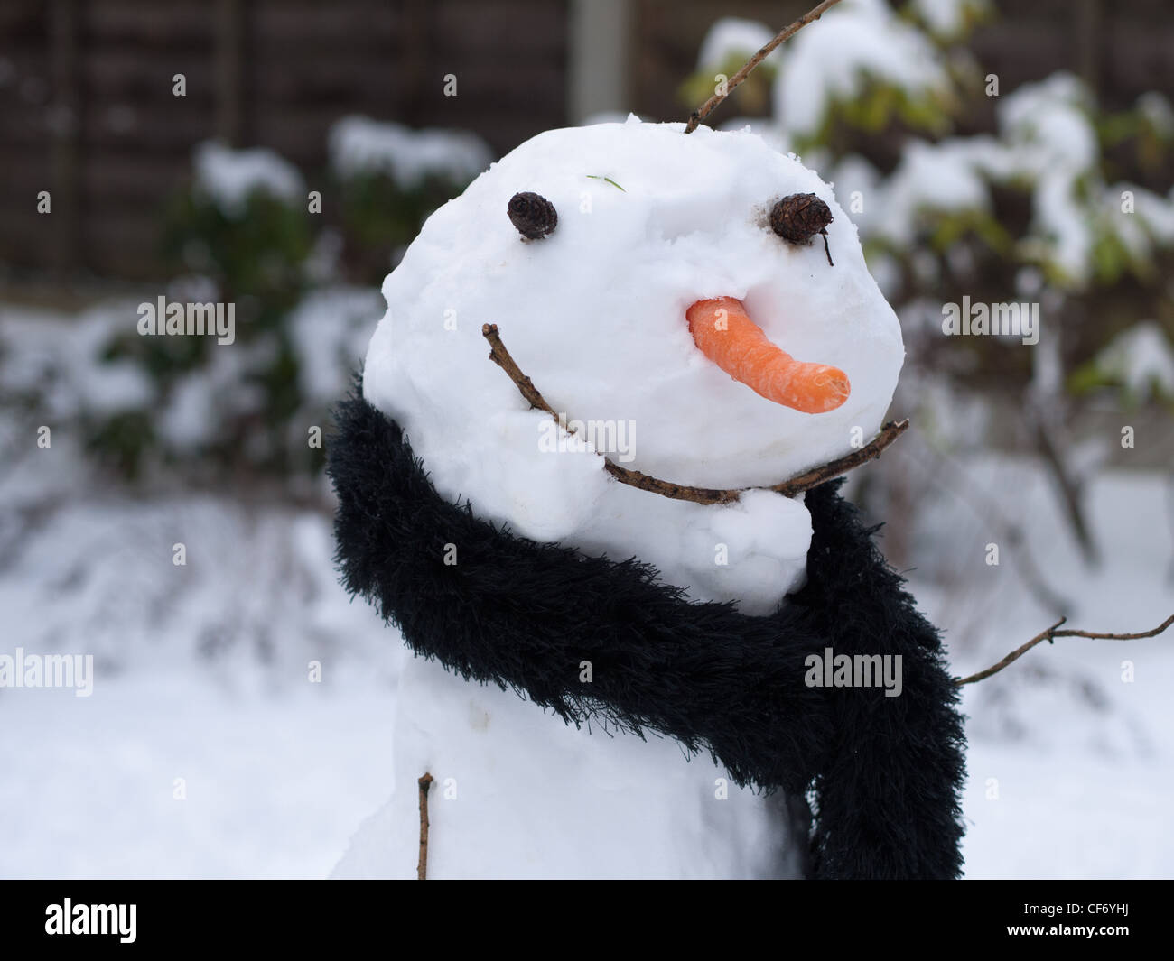 Snowman in garden Stock Photo - Alamy