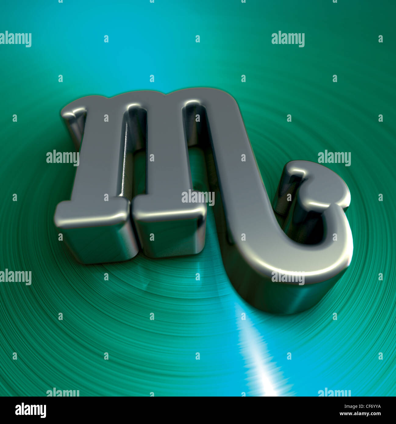 Horoscope GlyphsSilver Scorpio symbol on an aqua colour background ...