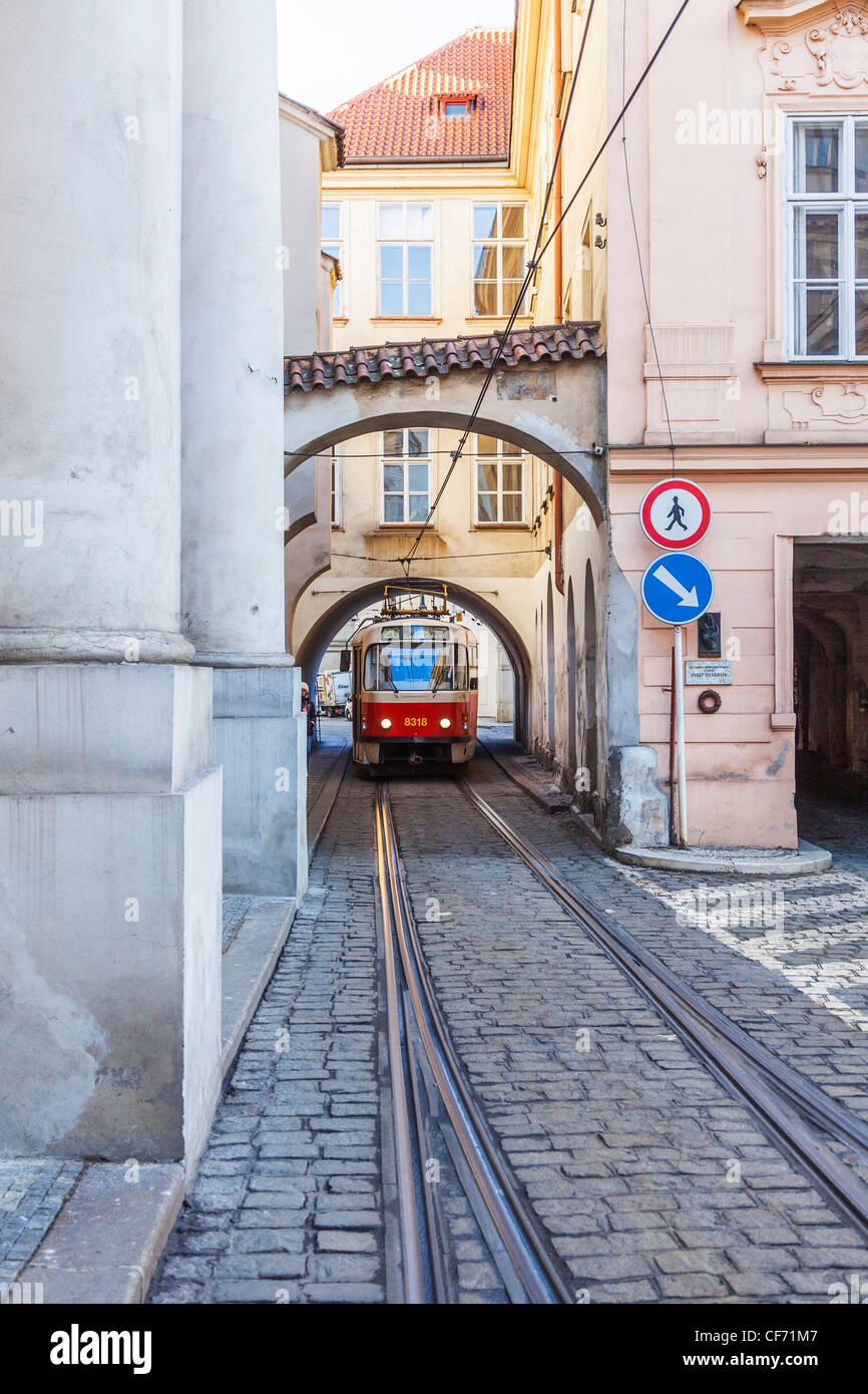 Tram, tramlines and arch in Lesser Town, Prague Stock Photo - Alamy