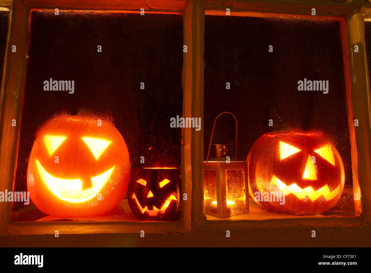 Carved Halloween pumpkins and a lantern seen through a window Stock ...