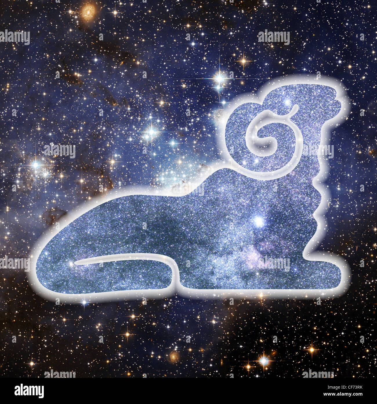 An illustration of the silhouette of a resting ram made up of stars ...