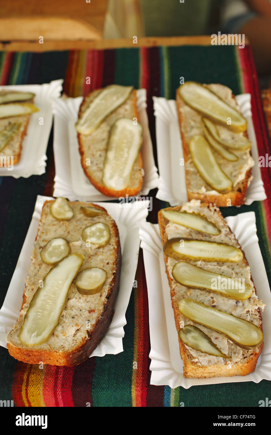 Traditional Polish food, slice of bread with lard and pickles, Poland ...
