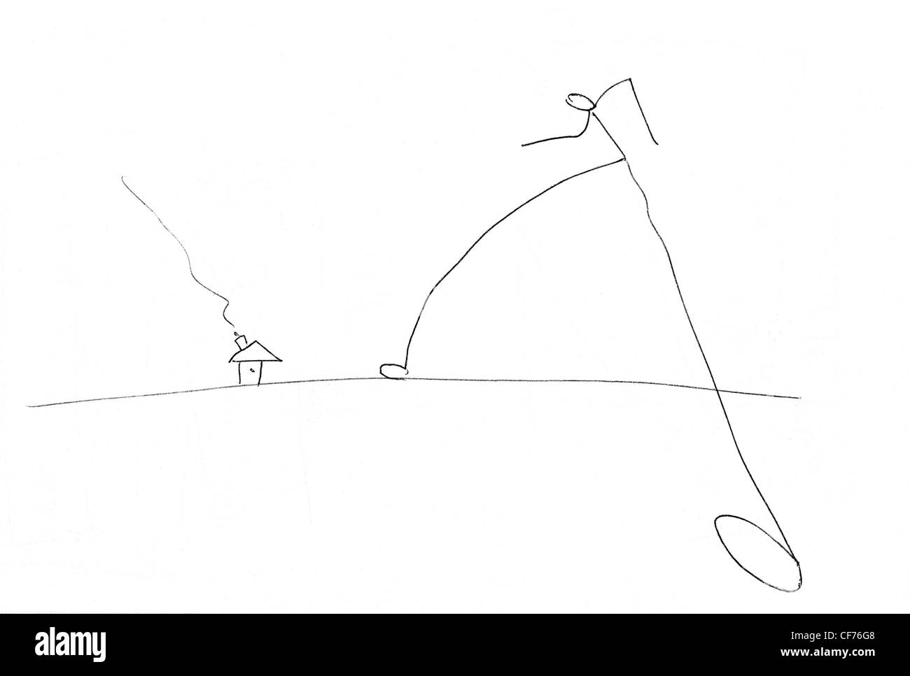 Pen and ink drawing of a figure and a small house on the horizon Stock ...