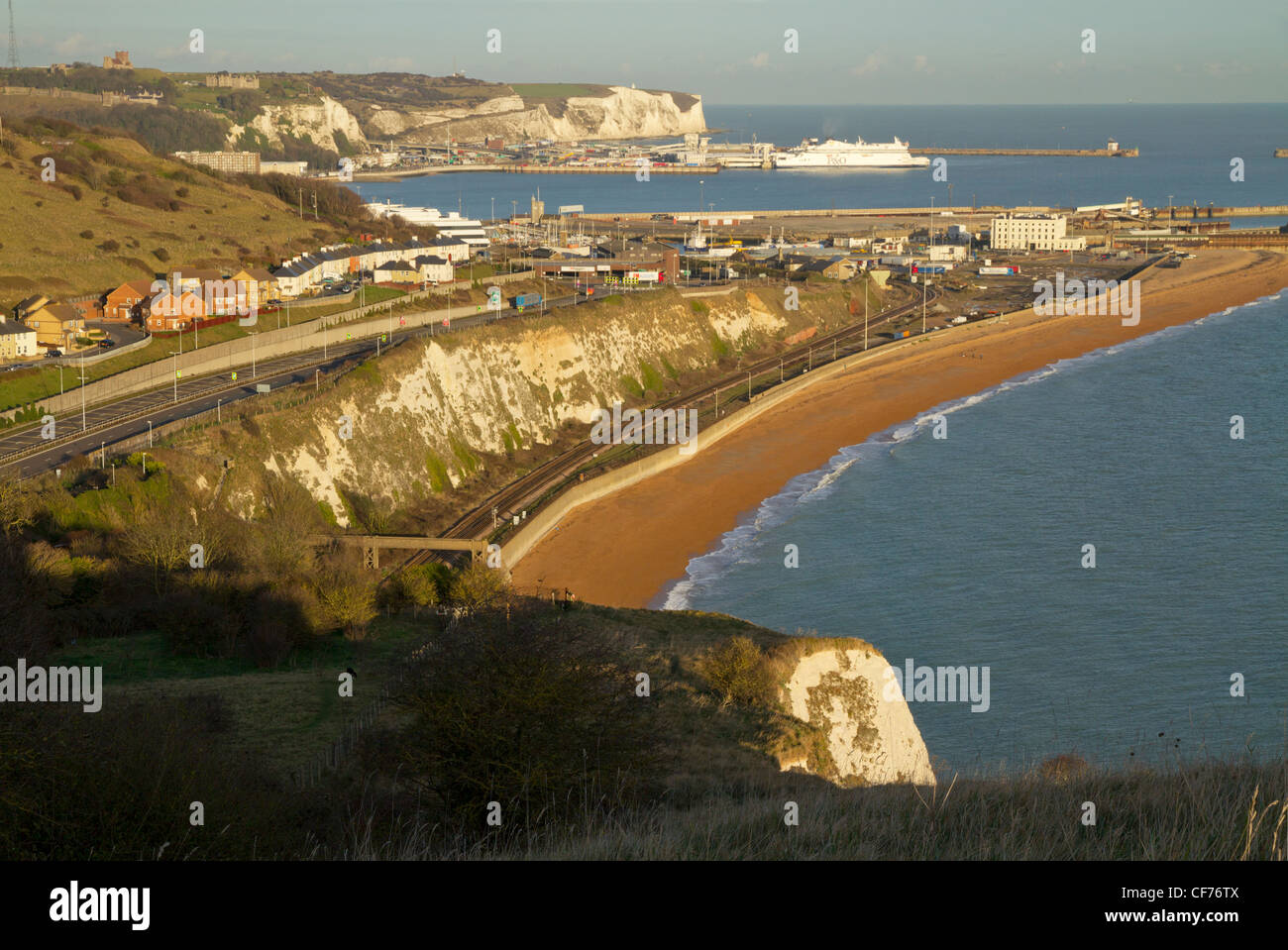 High level view of the Port of Dover and the white cliffs on the Kent ...
