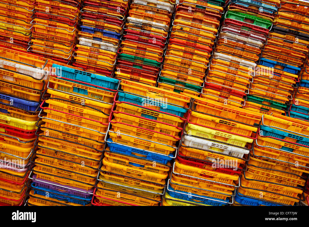 Plastic baskets and containers at Jagalchi Fish Market in Busan, South ...