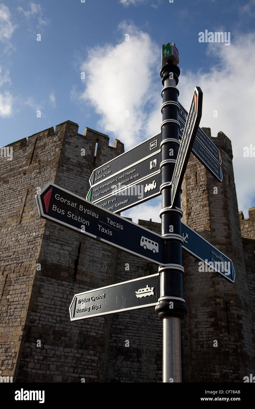 Town of Caernarfon, Wales. Visitors direction sign at Castle Square ...