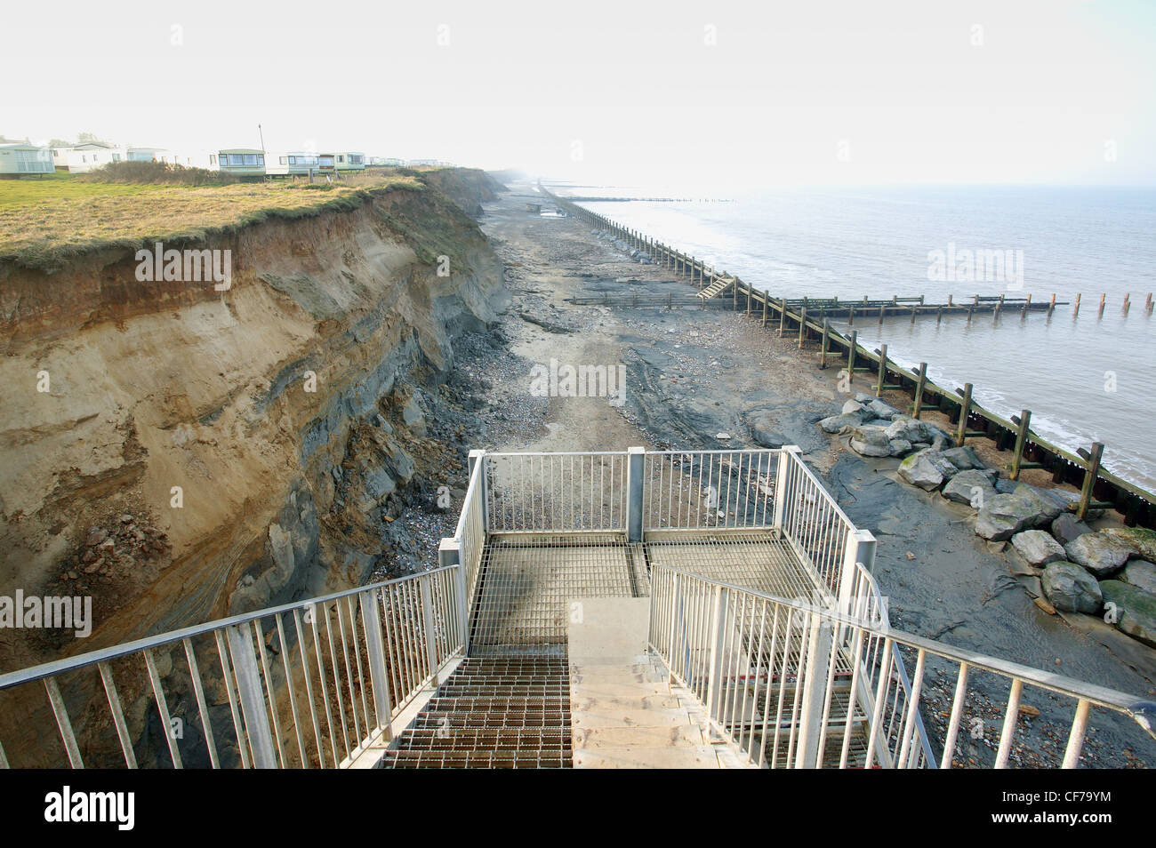 Happisburgh Beach viewed from the access steps on the "eroding cliffs ...