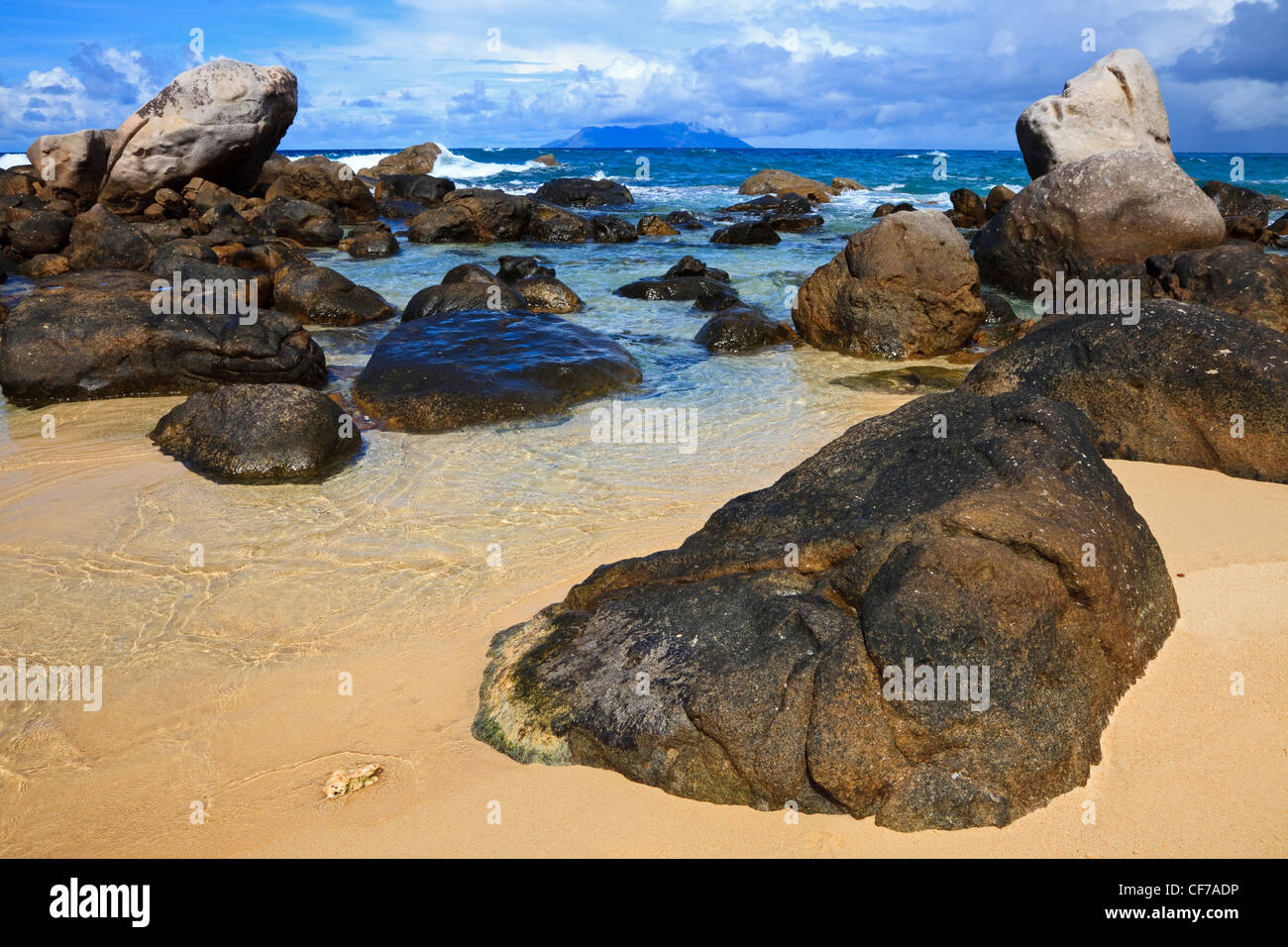 Near Sunset Beach, Mahe, Seychelles showing the granite rock formations ...