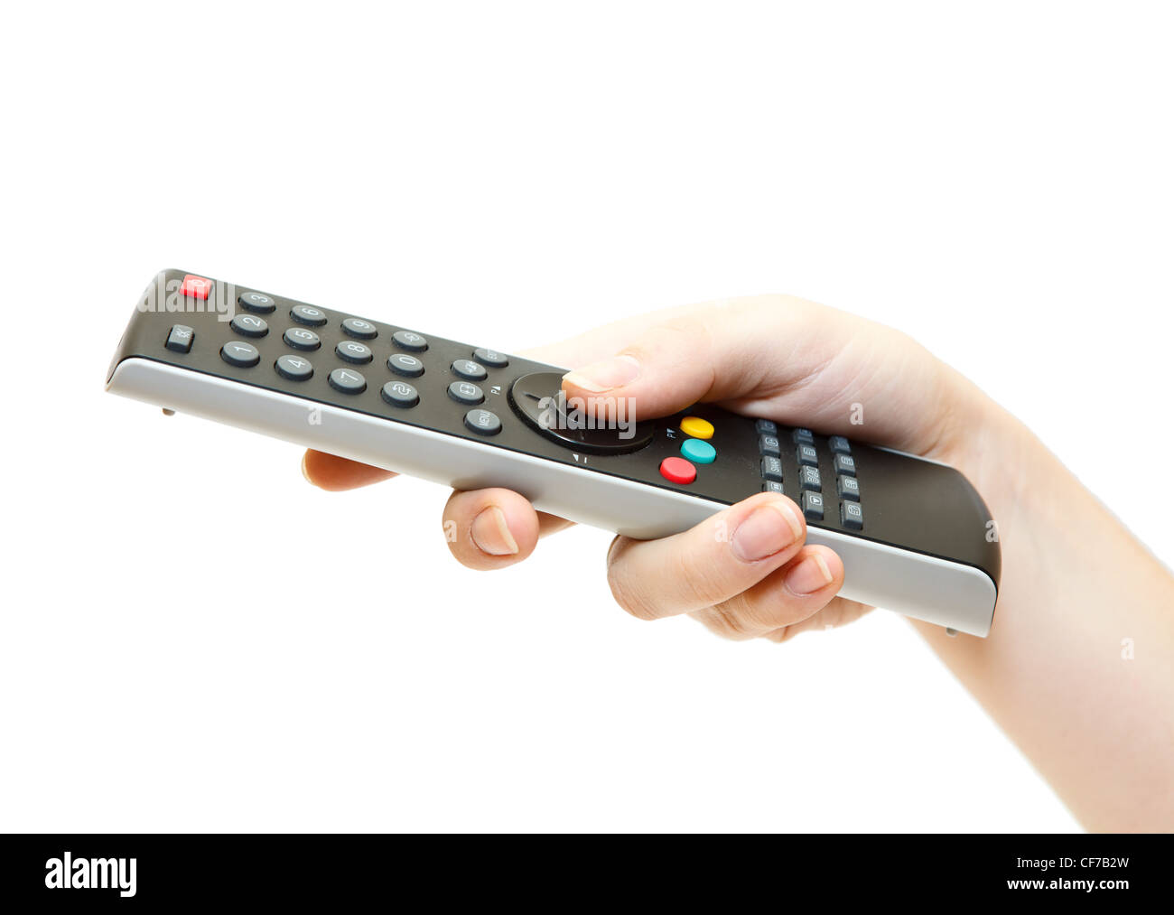 Female Caucasian hand with remote control isolated on white background ...