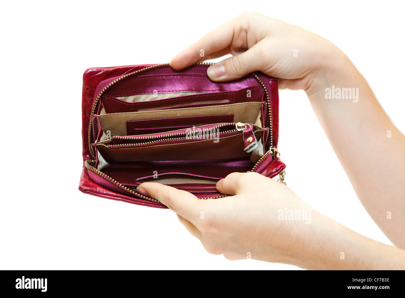 Female Caucasian hand with empty opened wallet isolated on white ...