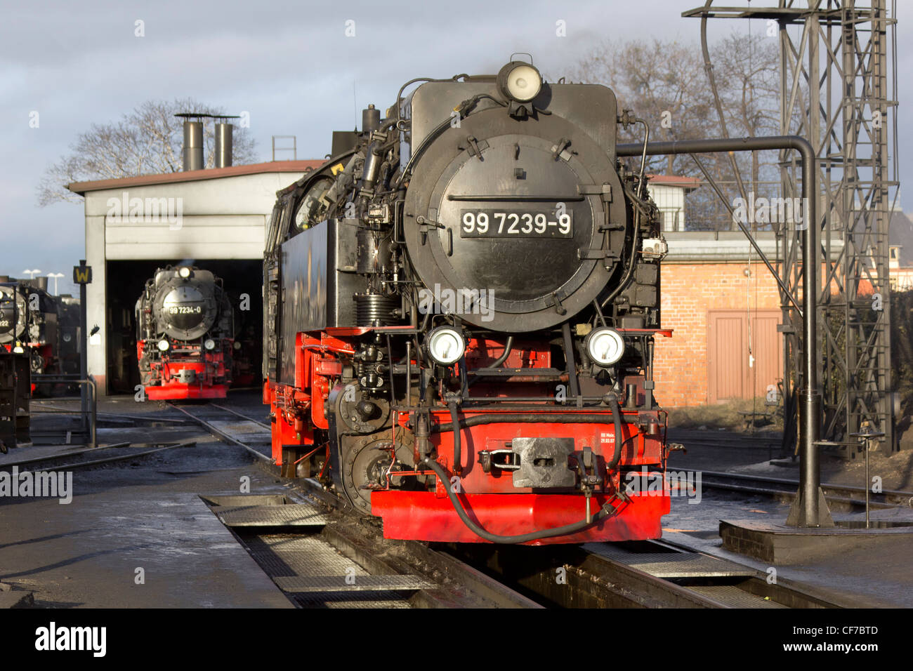 A Steam locomotive outside the engine shed on the Harz Mountain Railway ...