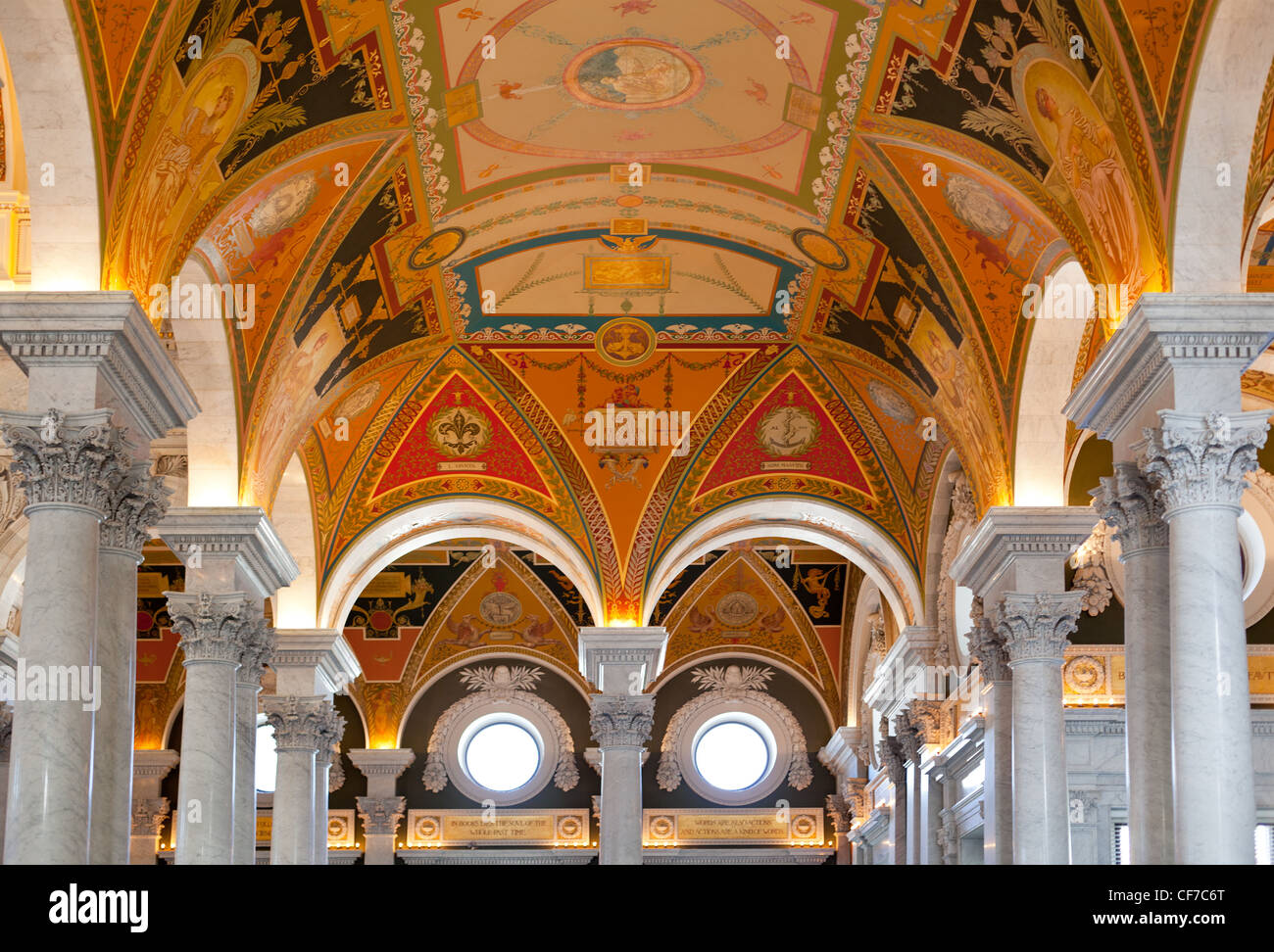 Ornate painted ceiling of Library of Congress in Washington DC, USA ...