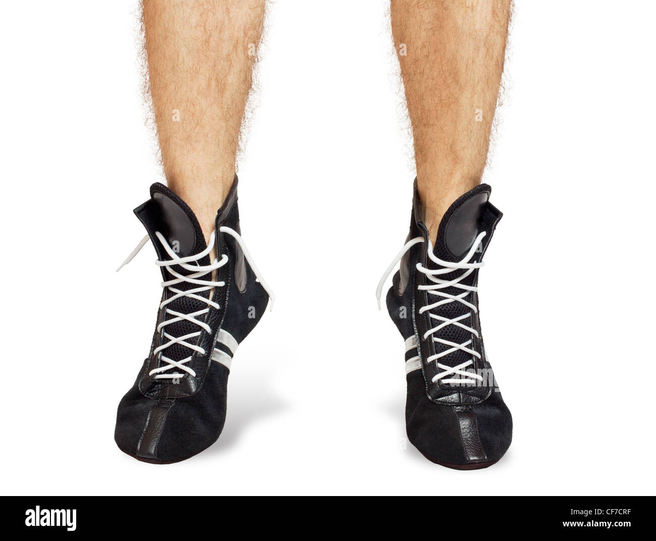 Boxing shoes on their feet. Isolated on white background (with shadow ...