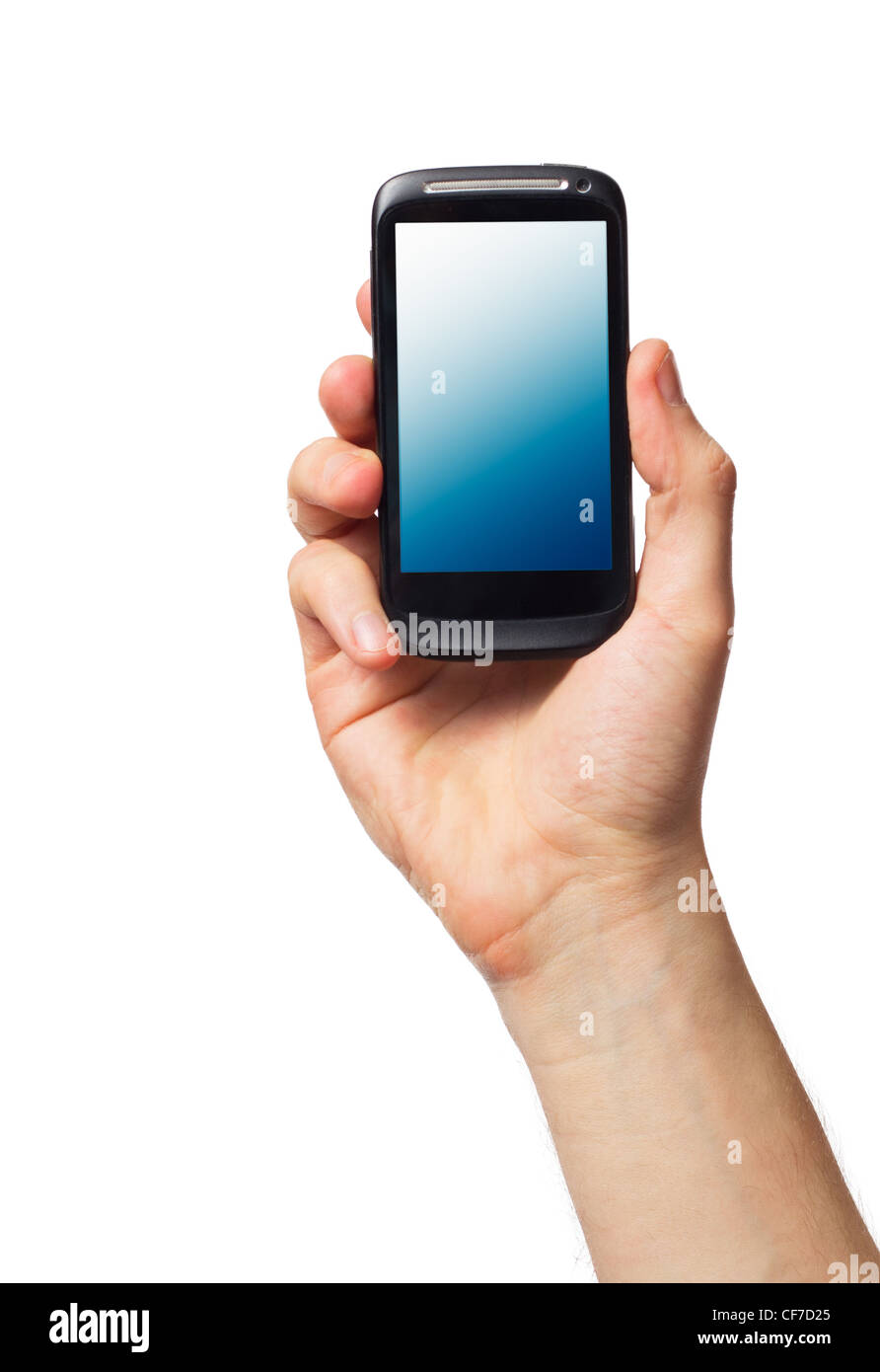 Cell phone (smartphone with touchscreen) in male hand on white Stock ...