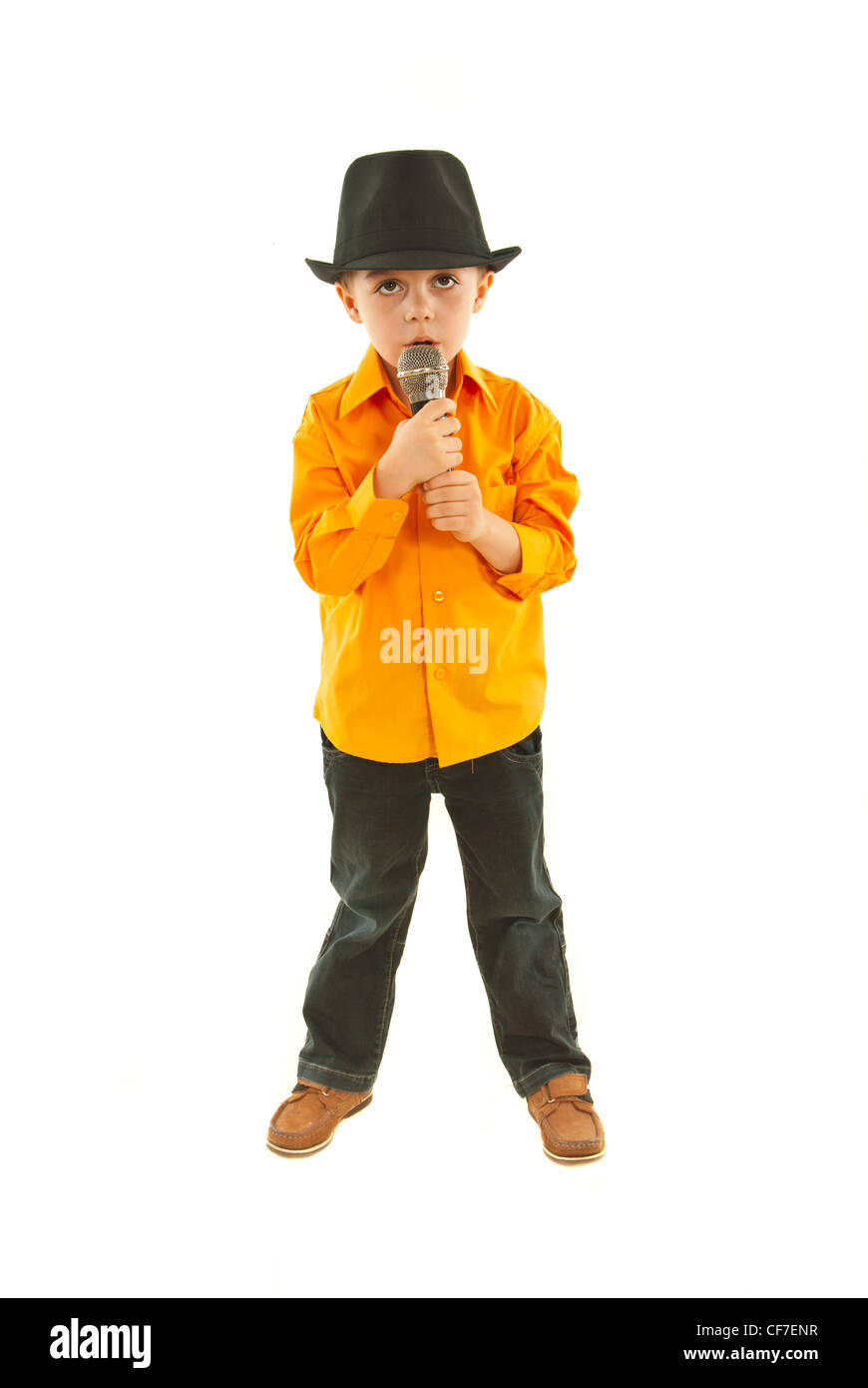 Full length of singer little boy isolated on white background Stock ...