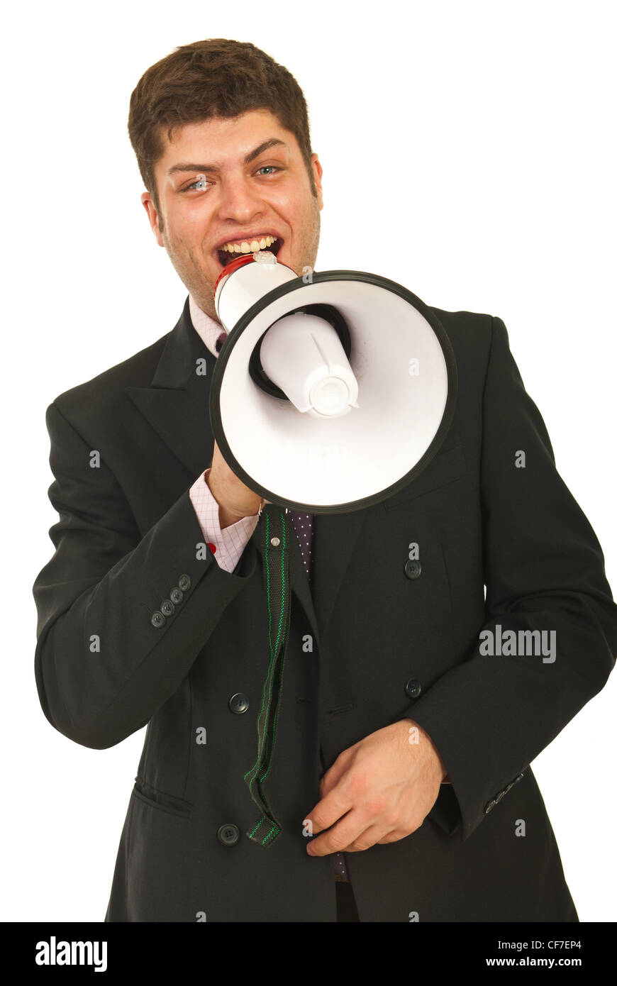 Happy business man announce through megaphone isolated on white ...