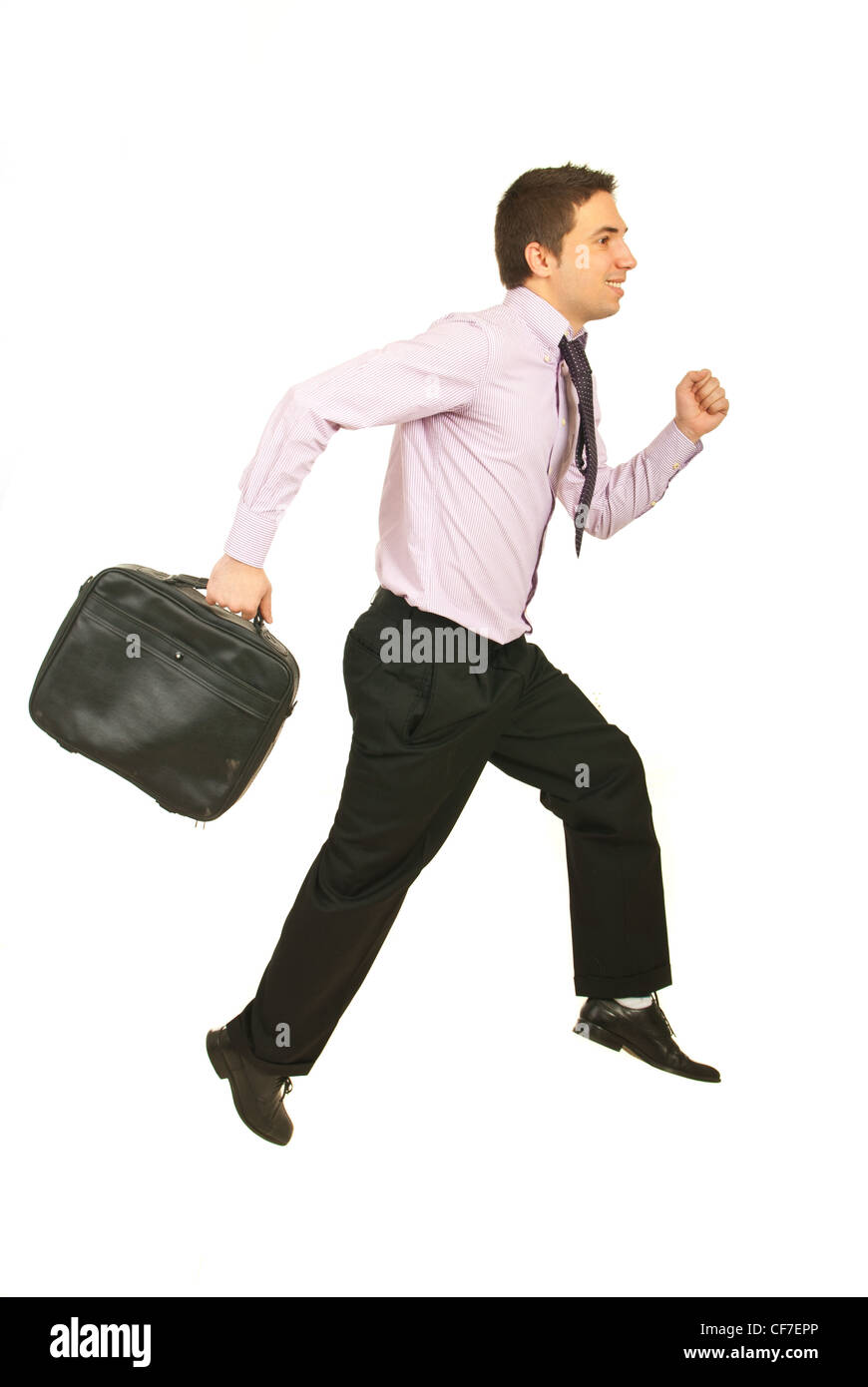 Happy business man running to work isolated on white background Stock ...