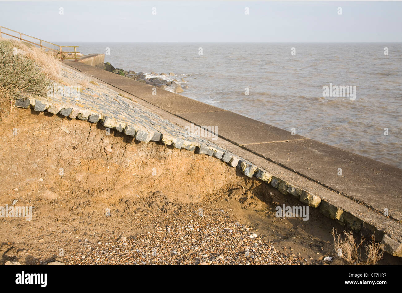 Erosion by wave scouring of sea wall at East Lane, Bawdsey, Suffolk ...