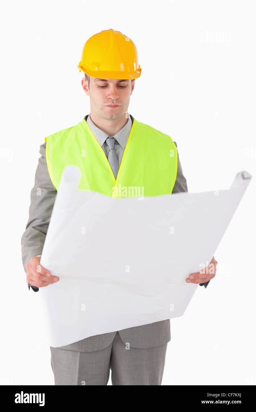 Portrait of a builder looking at a plan Stock Photo - Alamy