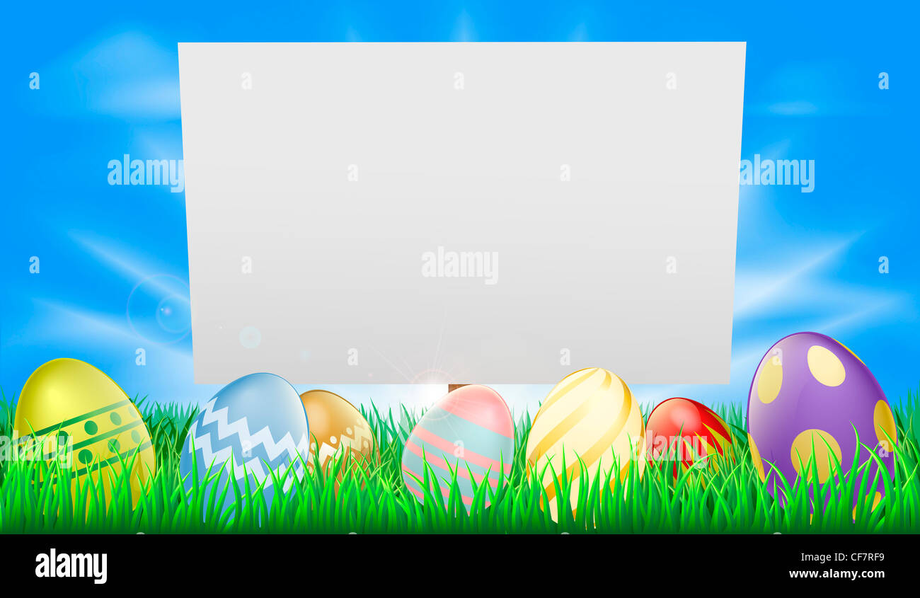 Easter sign illustration in meadow with sun rays and decorated Easter ...