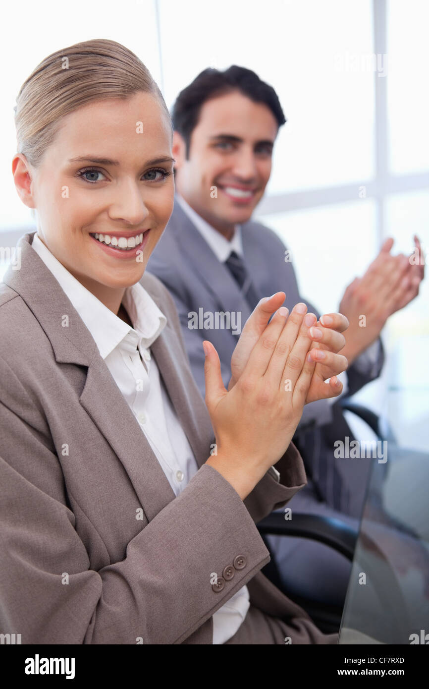 Woman applaud happy gesture applause hi-res stock photography and ...