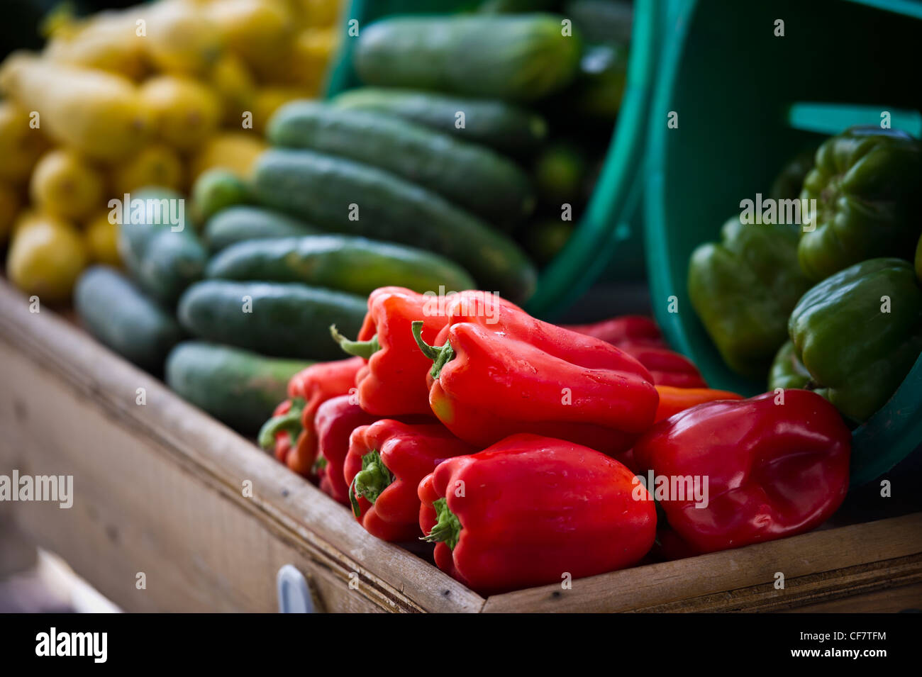 Fresh vegetables at farm stand, cucumbers, zucchini, peppers Stock ...