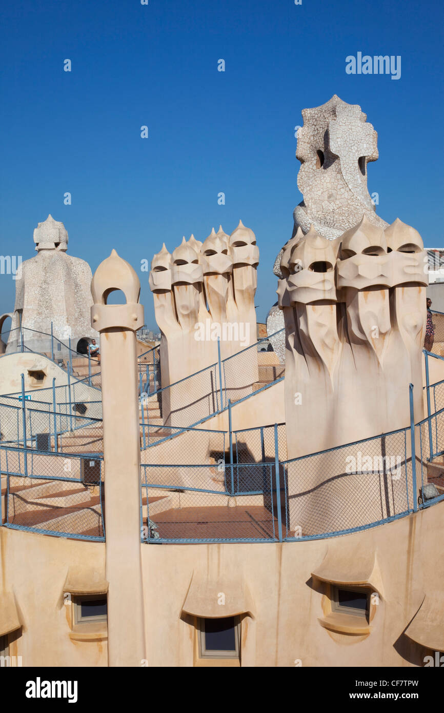 Europe, Spain, Barcelona, Casa Mila, La Pedrera, Chimney, Chimneys ...