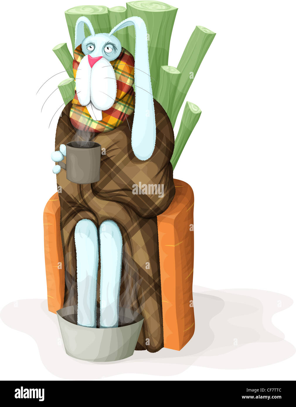 Sick rabbit sitting on a chair with a cup in his hand. Rabbit feet warm ...