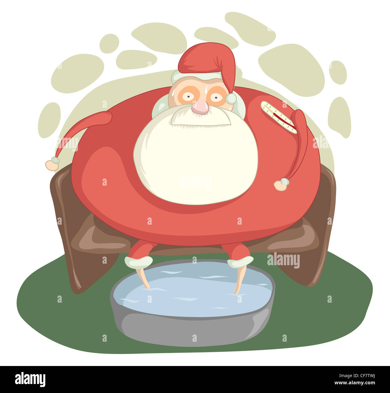 Santa Claus with a high temperature is sitting in a chair and floating ...
