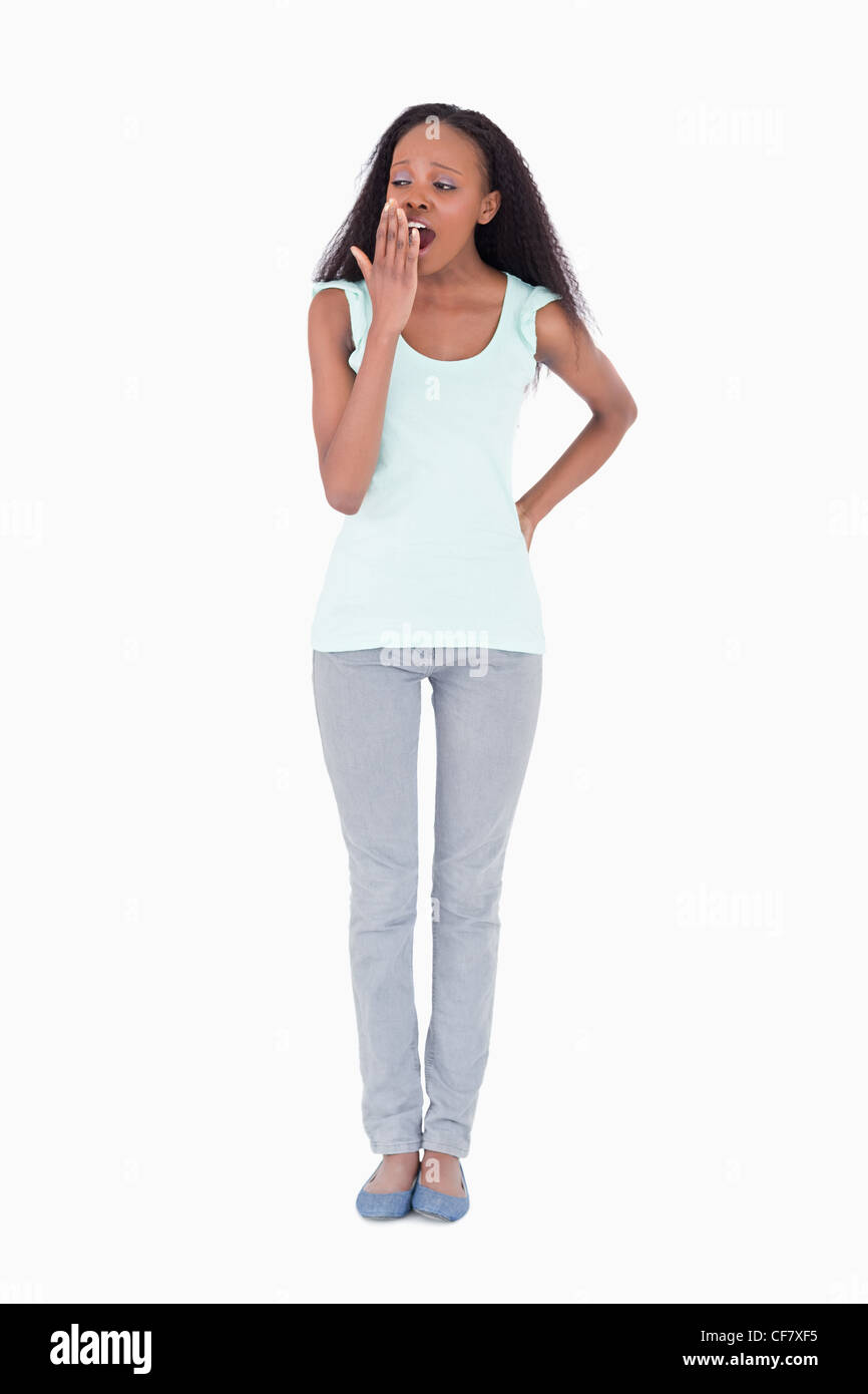 Tired woman on white background Stock Photo - Alamy