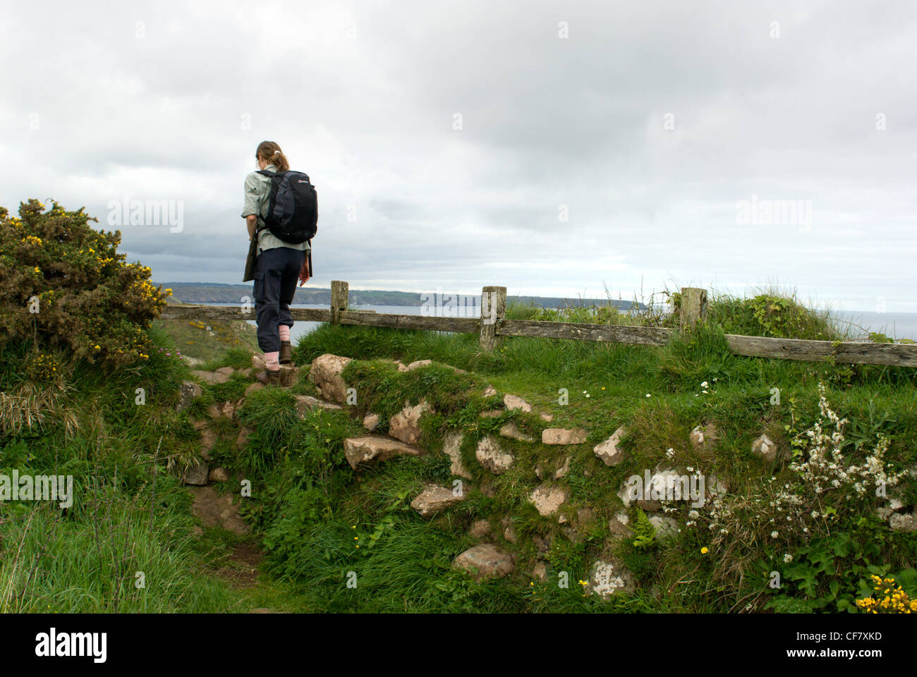 A rambler enjoys a walk on the South West Coast Path in Cornwall Stock ...