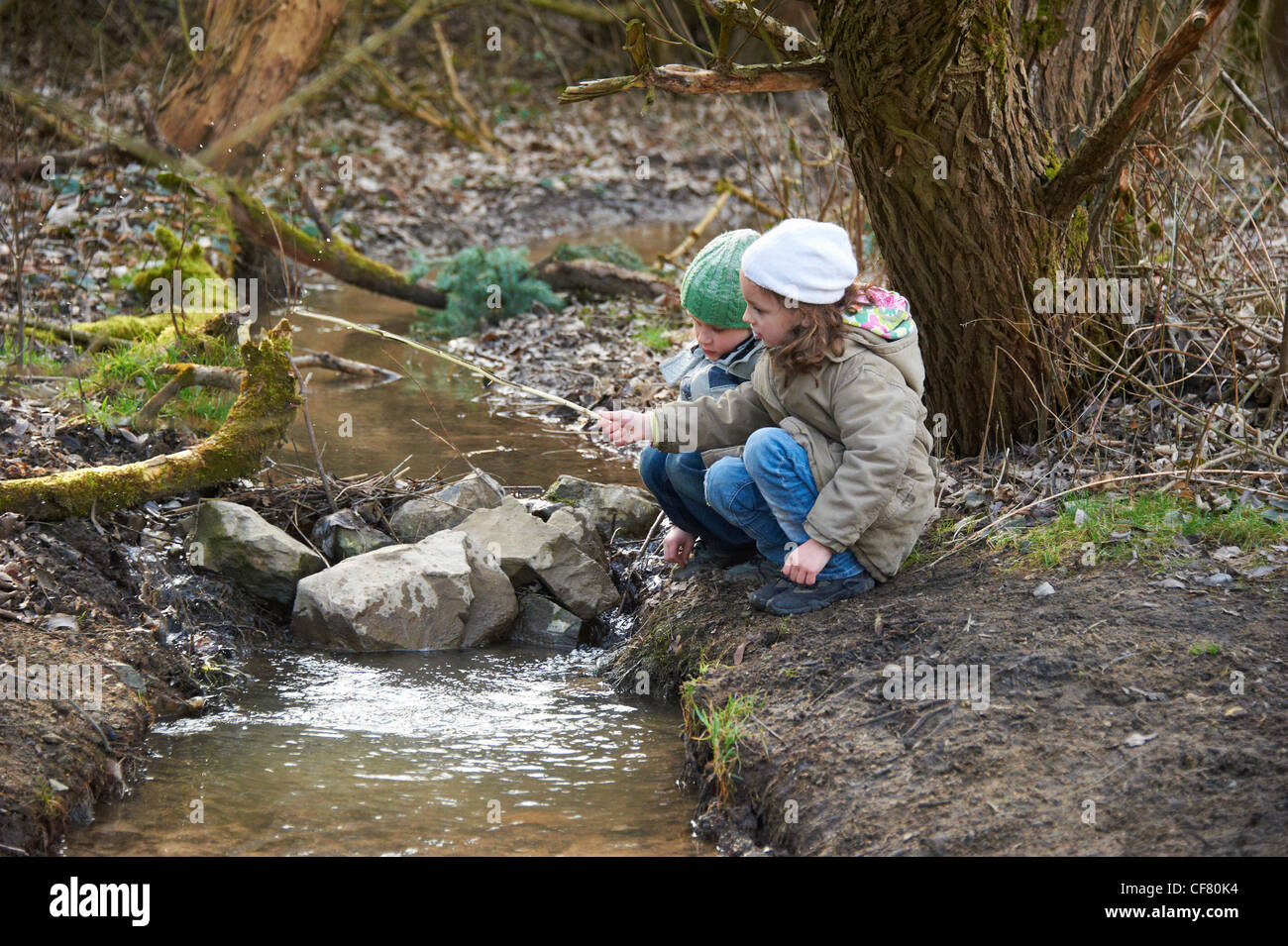 Children playing in autumn forest Stock Photo - Alamy