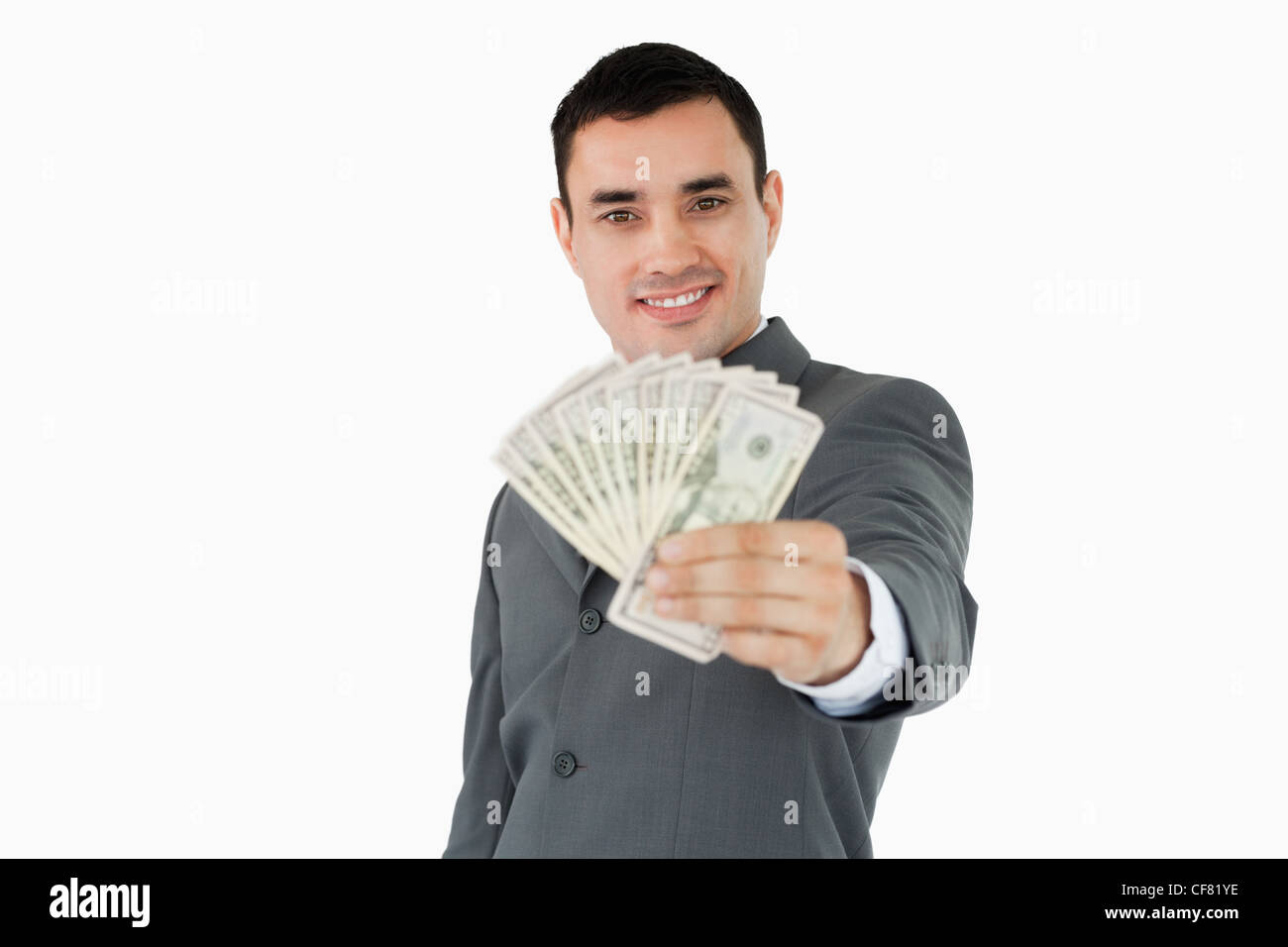 Smiling businessman presenting bank notes Stock Photo - Alamy
