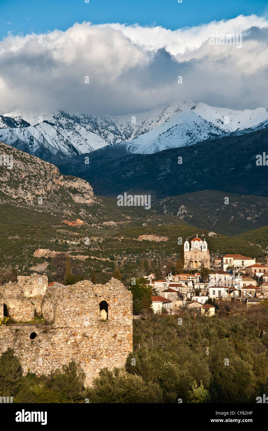 The snow covered mountains of the Taygetos range loom over the Outer ...