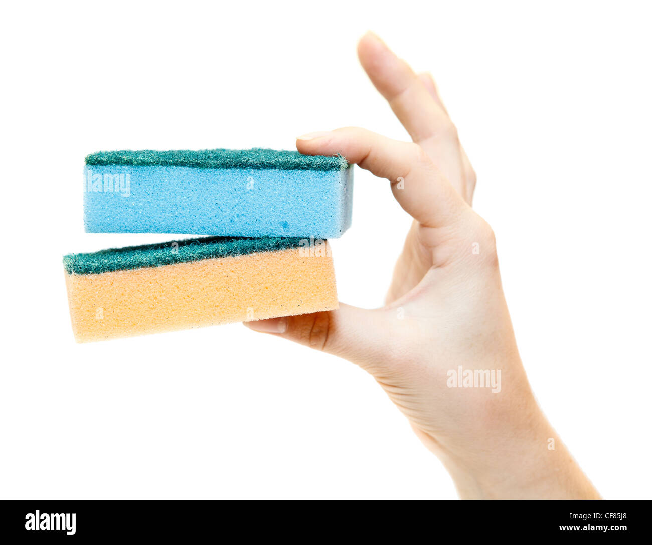 Female Caucasian hand with clean sponges isolated on white background ...
