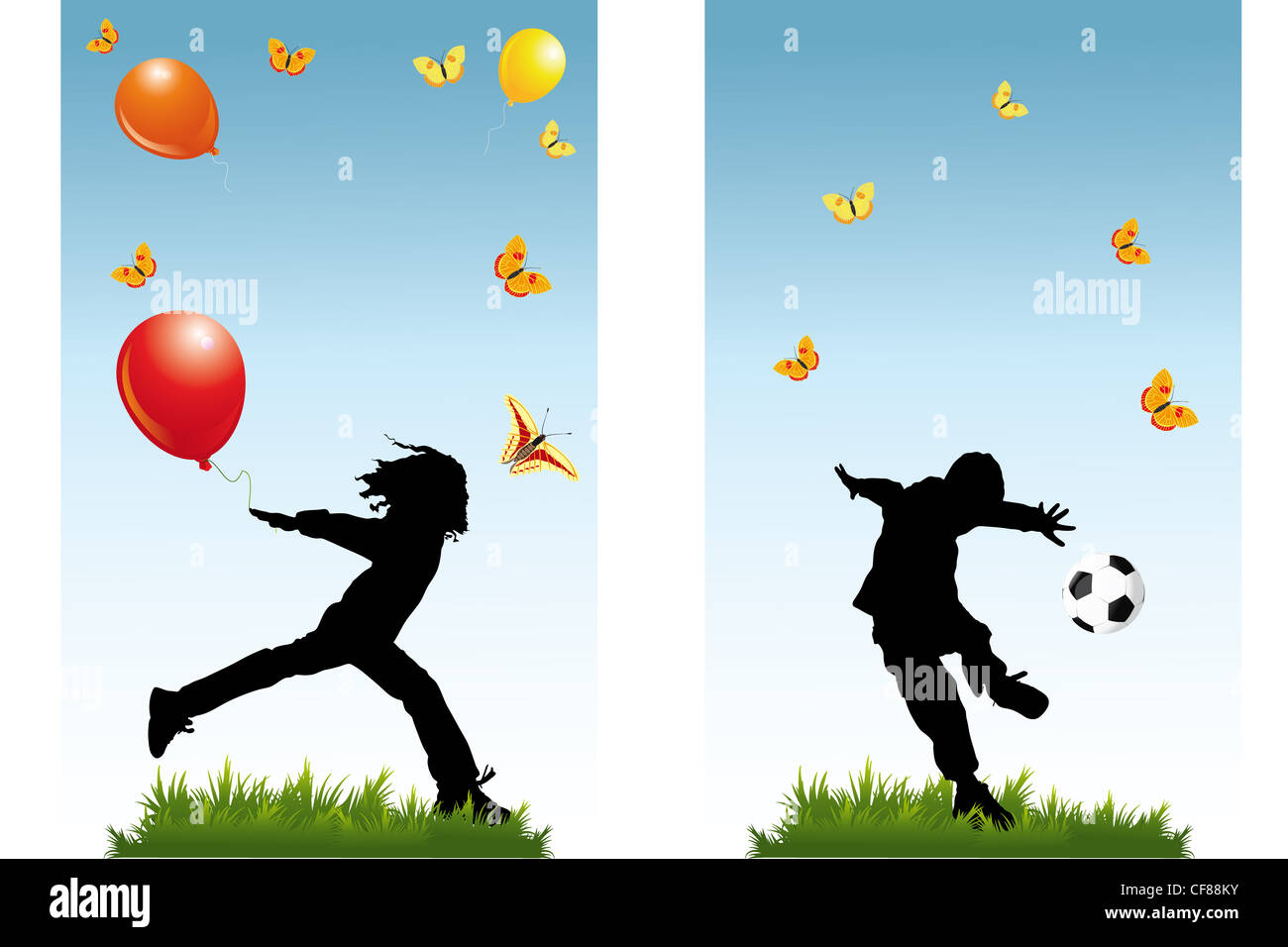 Banner with silhouettes of playing children, football, balloons ...
