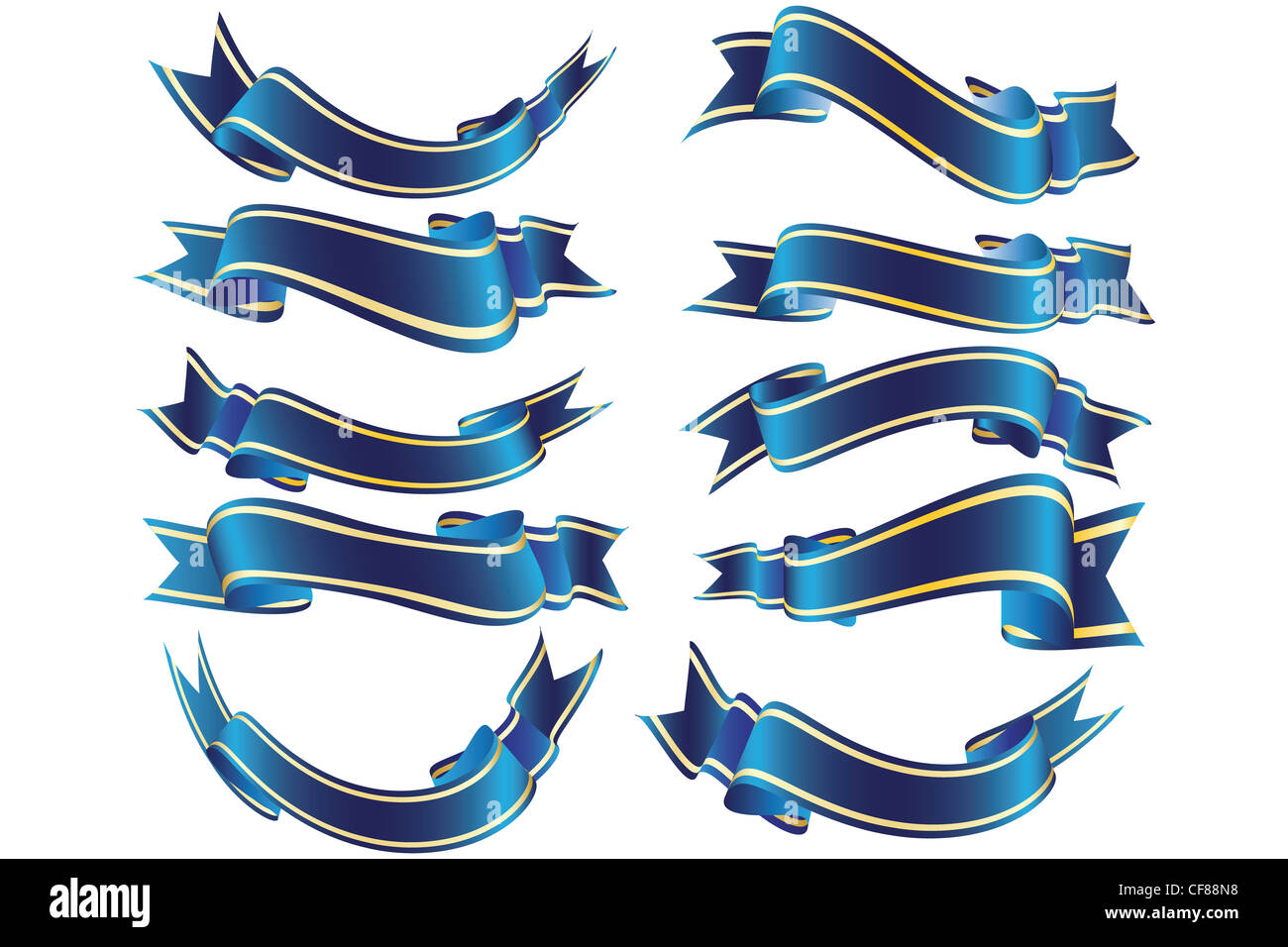 Various blue banner with golden strips isolated on white background ...