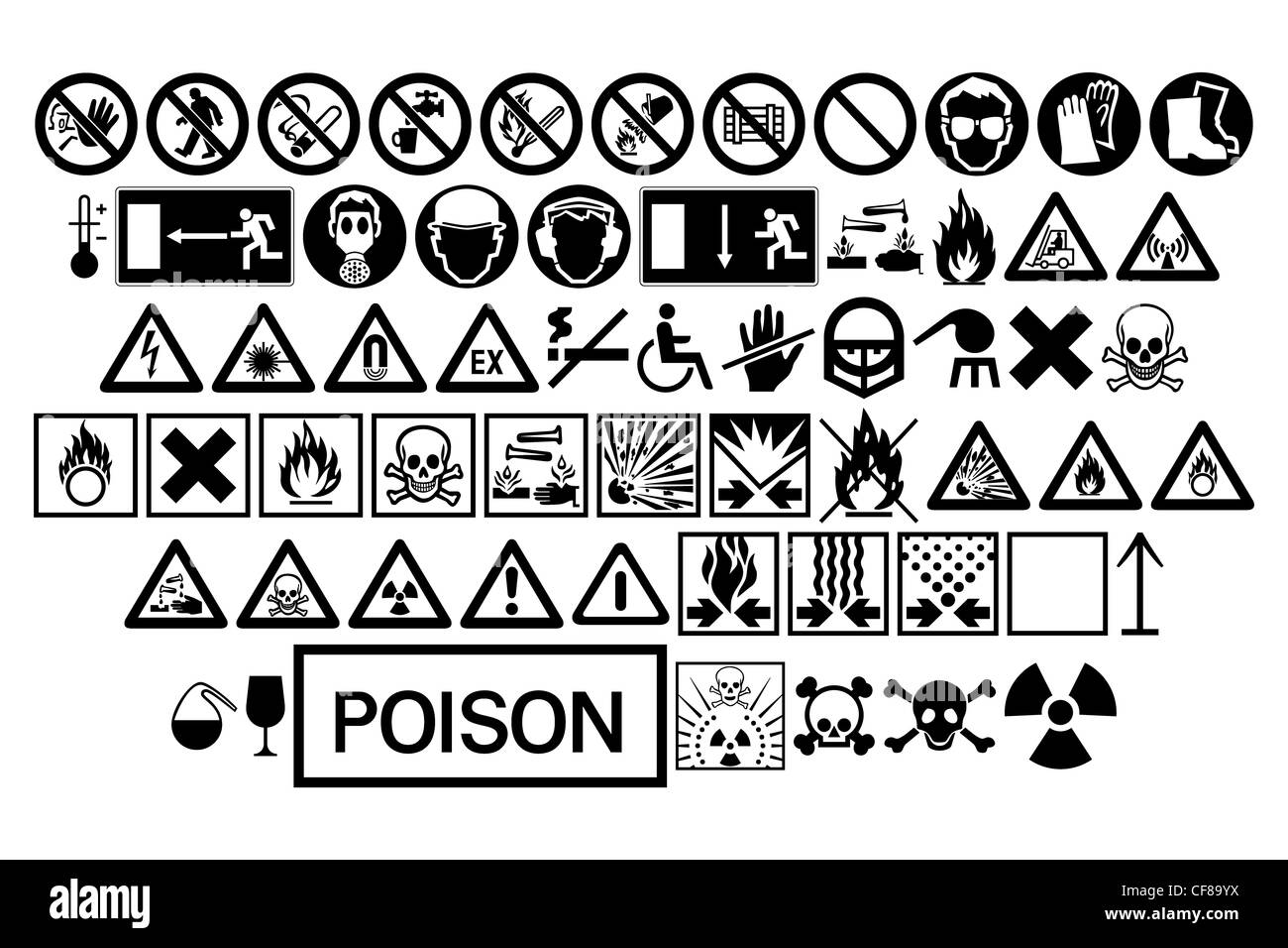 Various black warning signs isolated on white background Stock Photo ...
