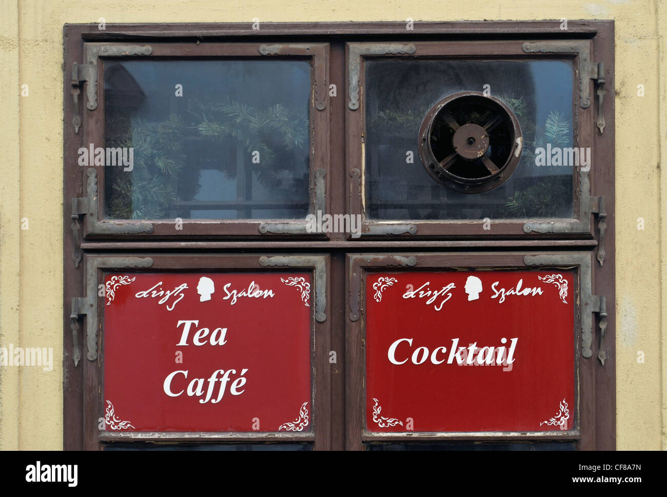 retro style signs on bar window, Budapest, Hungary Stock Photo - Alamy