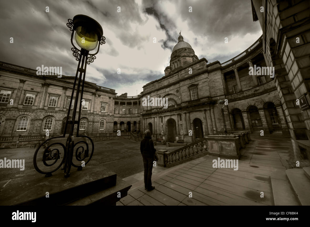 Moody dusk view of the University of Edinburgh Old College buildings ...