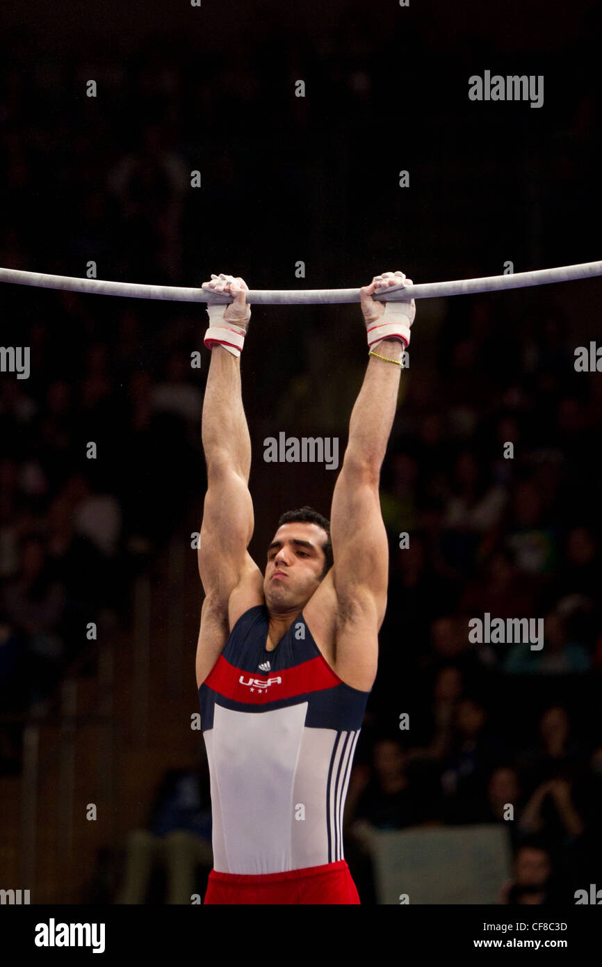 Danell Leyva (USA) competes in the high bar event at the 2012 American ...