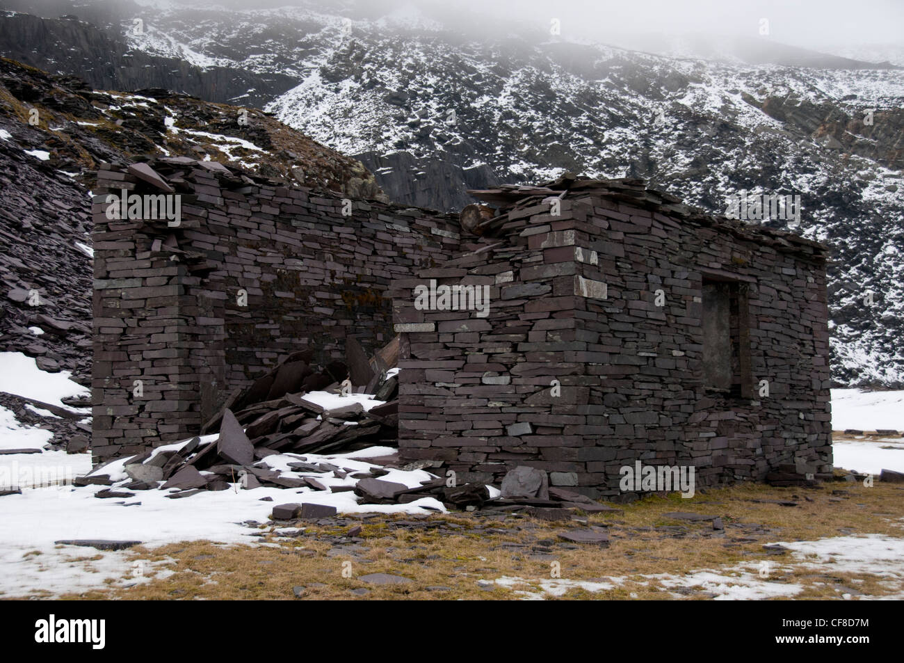 Derelict buildings and waste slate in the disused quarry at Dinorwig ...