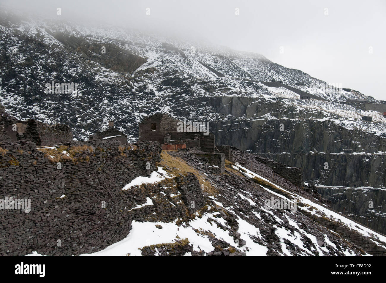 Derelict buildings and waste slate in the disused quarry at Dinorwig ...