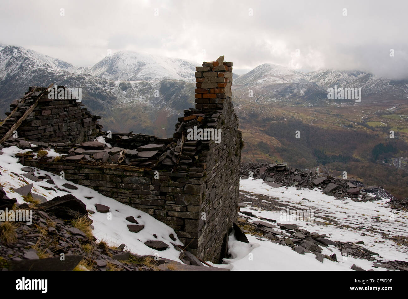 Derelict buildings and waste slate in the disused quarry at Dinorwig ...