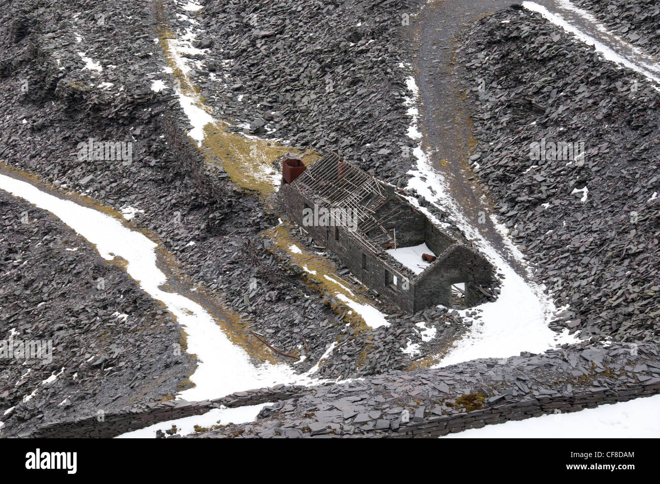 Derelict buildings and waste slate in the disused quarry at Dinorwig ...