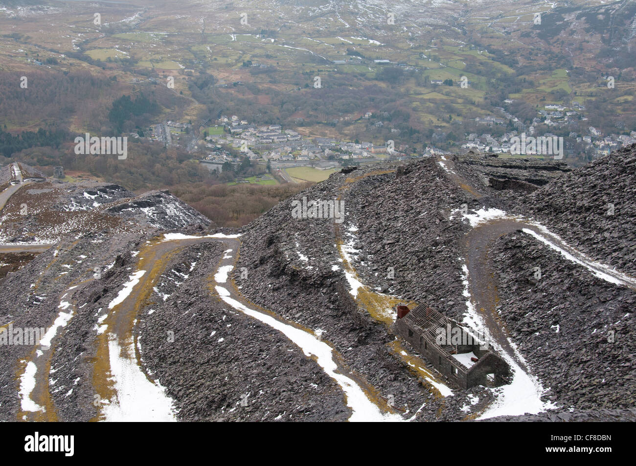 Derelict buildings and waste slate in the disused quarry at Dinorwig ...