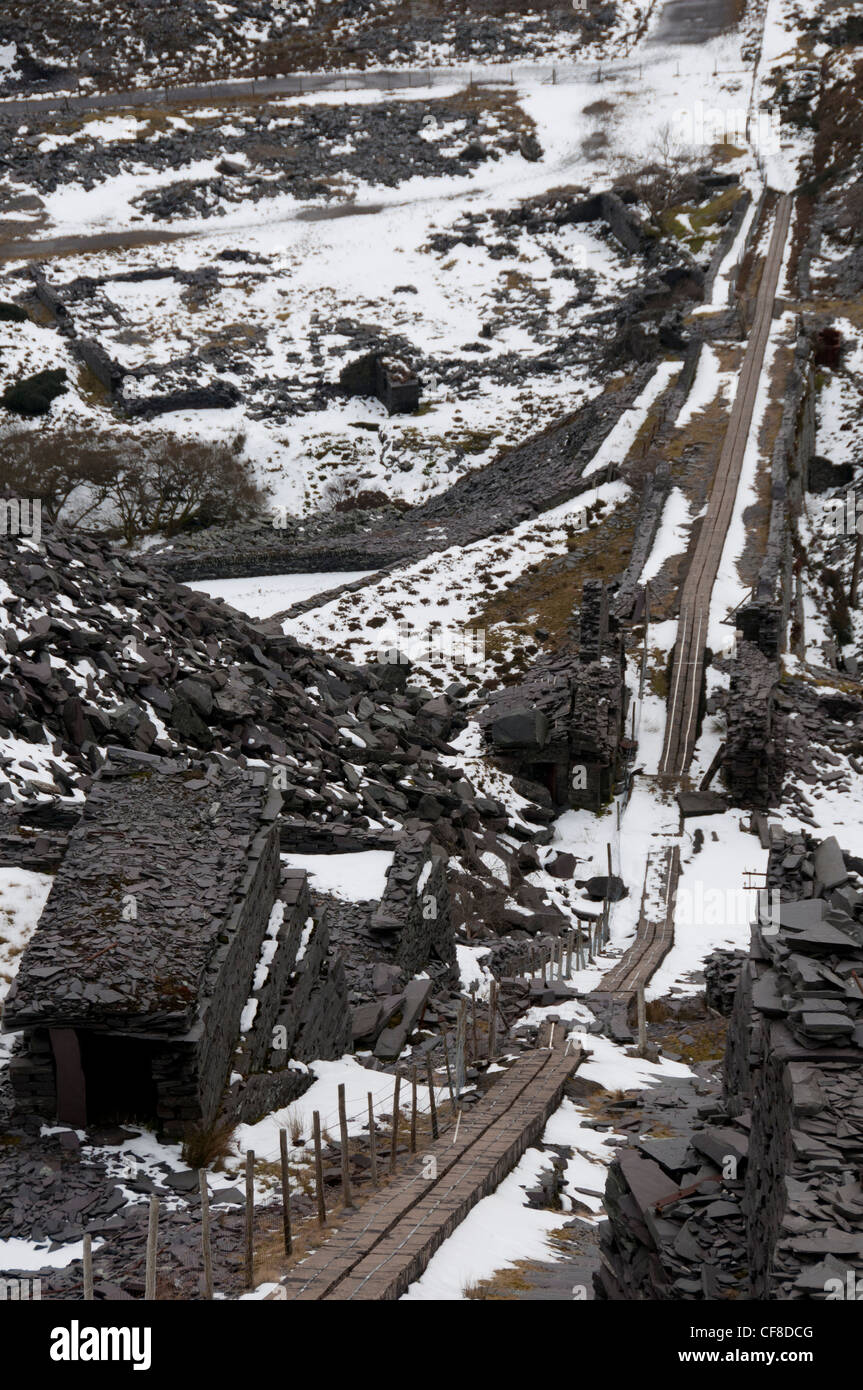 Derelict buildings and waste slate in the disused quarry at Dinorwig ...