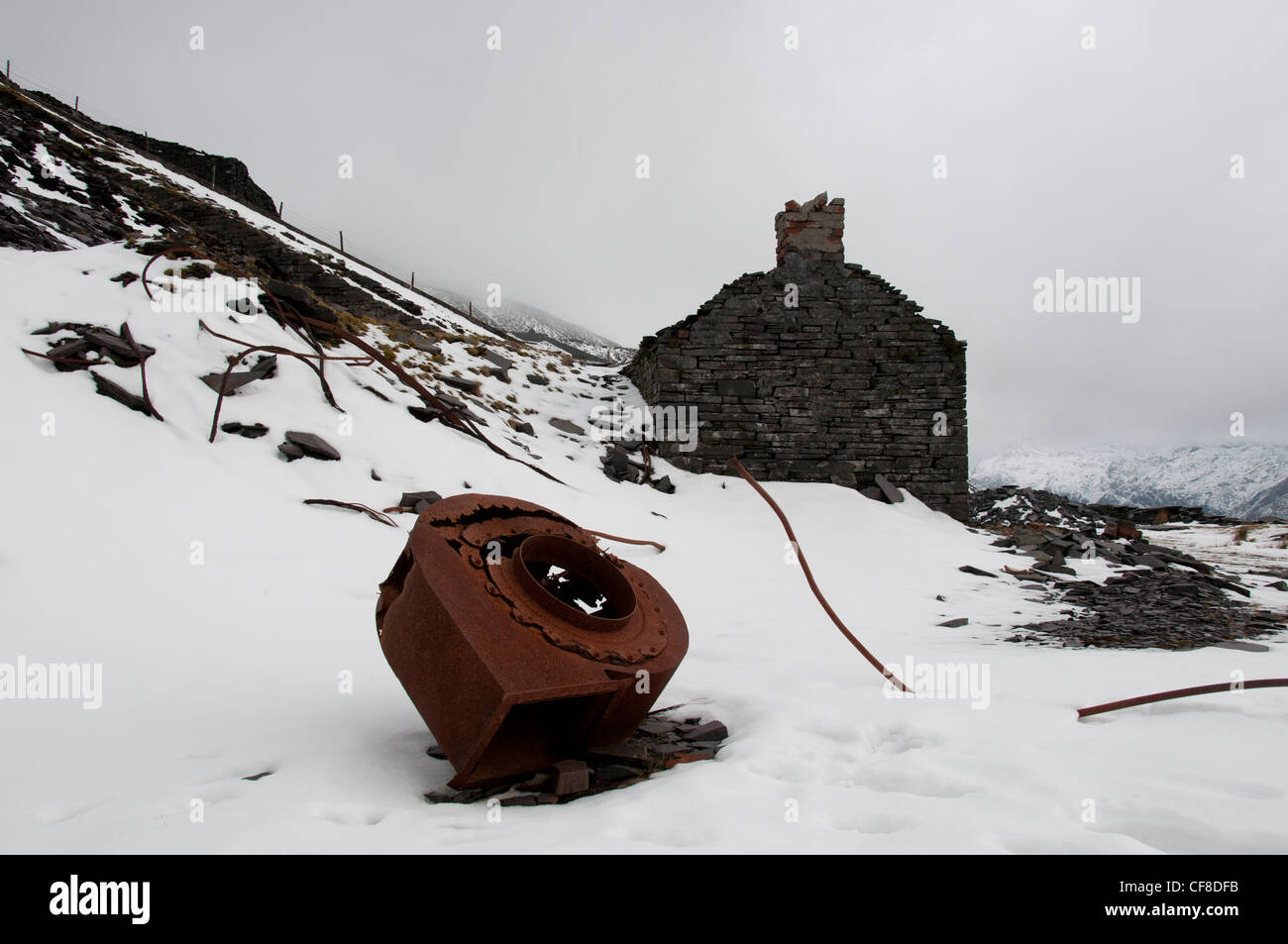 Derelict buildings and waste slate in the disused quarry at Dinorwig ...